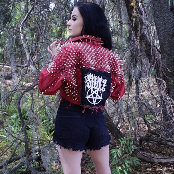 FIIISHBONEZ | Tops | Red Denim Punk Spiked Cropped Jean Jacket | Poshmark